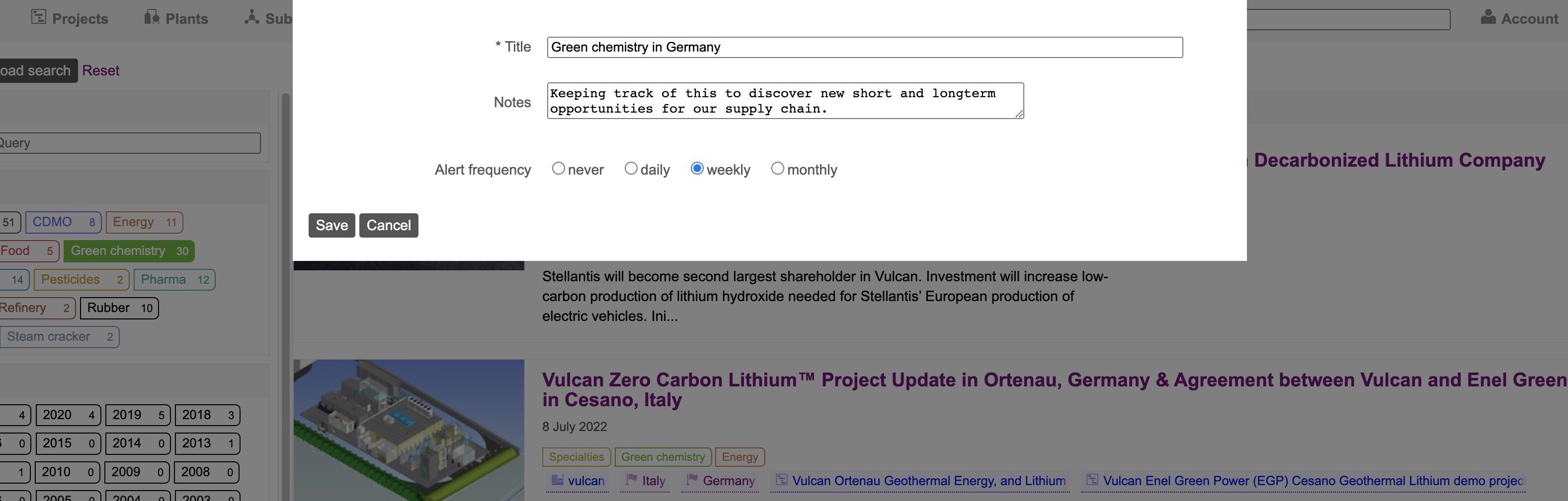 Feature: Search alerts for chemical industry data